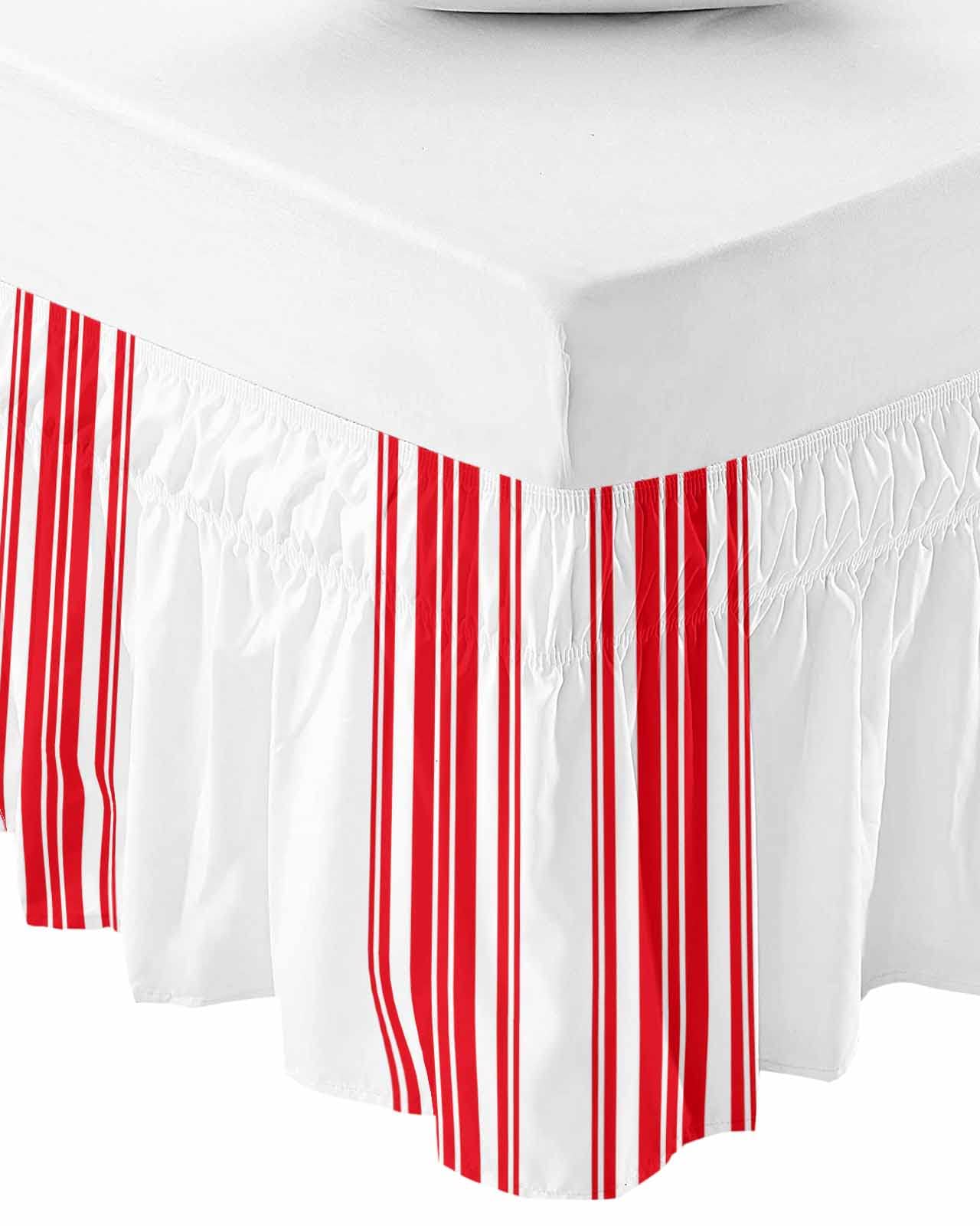 Stripes Red White Bed Skirt King Size 16 Inch Drop,Adjustable & Elastic Wrap Around Bed Skirts Pleated Luxury Dust Ruffles for Twin Full Queen Cal King Bed,Classic Casual Bohemian Geometric Art Decor
