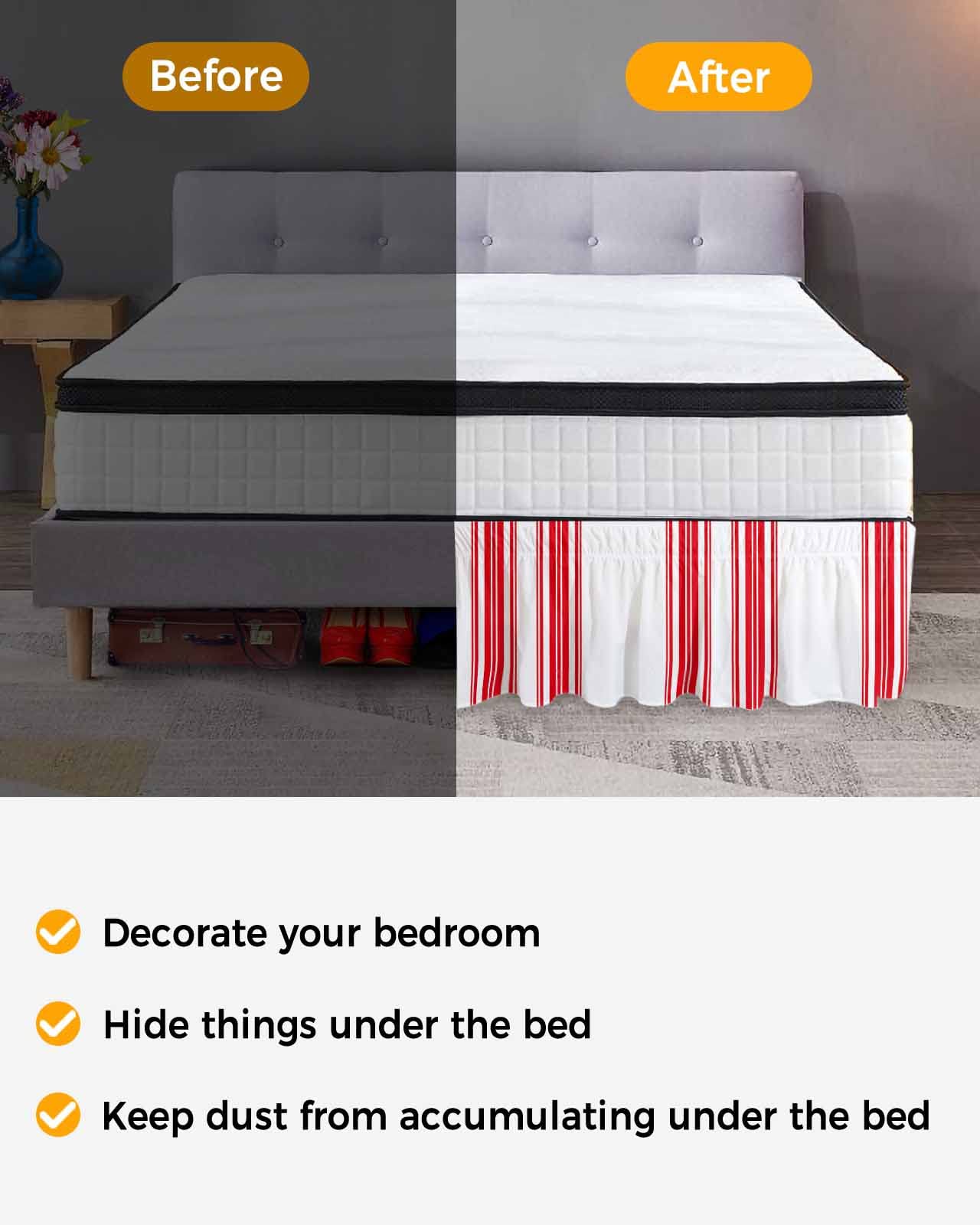 Stripes Red White Bed Skirt King Size 16 Inch Drop,Adjustable & Elastic Wrap Around Bed Skirts Pleated Luxury Dust Ruffles for Twin Full Queen Cal King Bed,Classic Casual Bohemian Geometric Art Decor