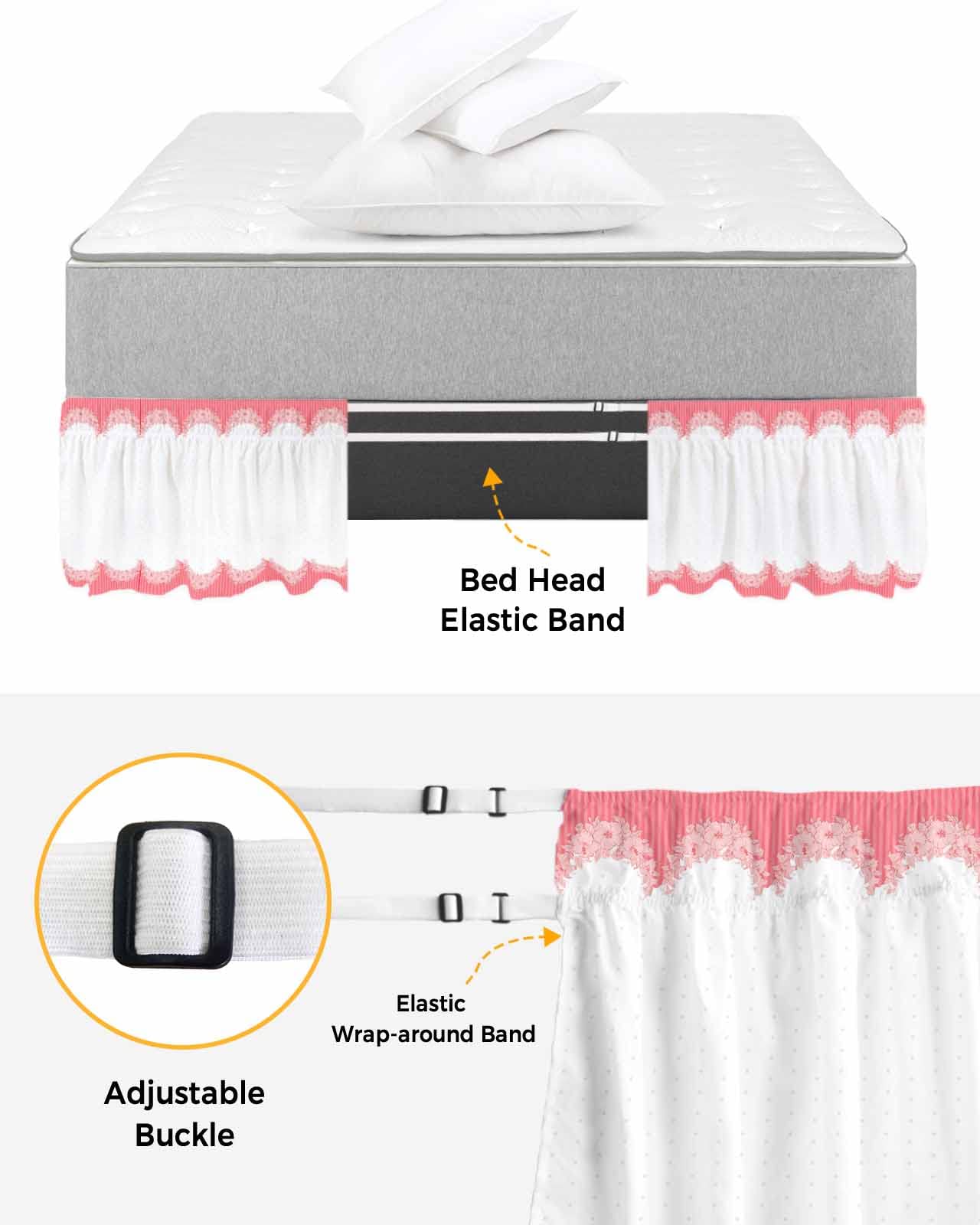 Happy Mother's Day Bed Skirt Queen Size 18 Inch Drop,Adjustable & Elastic Wrap Around Bed Skirts Pleated Luxury Dust Ruffles for Twin Full Queen Cal King Bed,Boho Polka Dot Stripes Pink Floral Flower