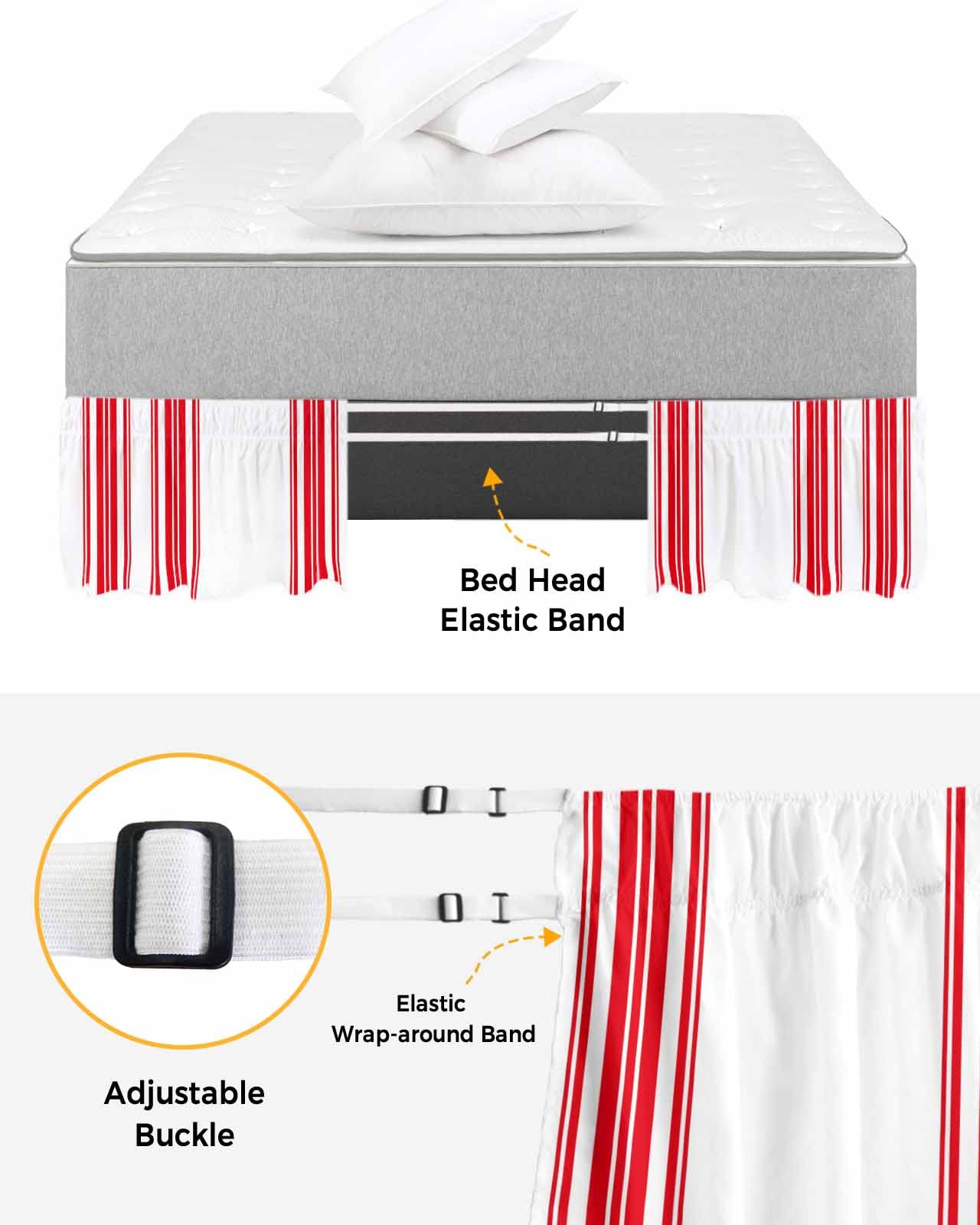 Stripes Red White Bed Skirt King Size 16 Inch Drop,Adjustable & Elastic Wrap Around Bed Skirts Pleated Luxury Dust Ruffles for Twin Full Queen Cal King Bed,Classic Casual Bohemian Geometric Art Decor