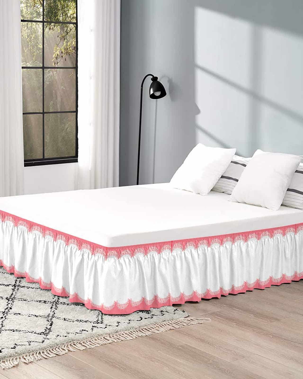 Happy Mother's Day Bed Skirt Queen Size 18 Inch Drop,Adjustable & Elastic Wrap Around Bed Skirts Pleated Luxury Dust Ruffles for Twin Full Queen Cal King Bed,Boho Polka Dot Stripes Pink Floral Flower