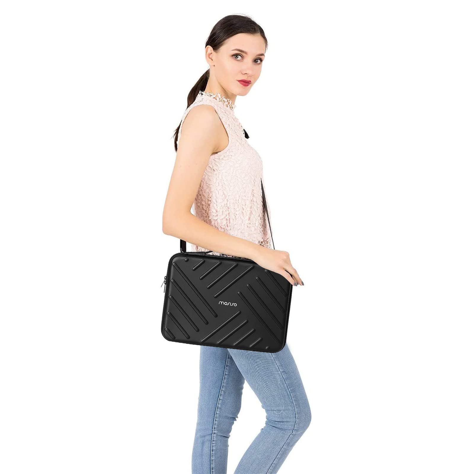 MOSISO Laptop Shoulder Bag Compatible with MacBook Pro 14 inch 2023 2022 2021 Release M3 A2918 A2992 M2 A2779 M1 A2442 Pro/Max Chip, Waterproof Shockproof Diagonal Stripe Case Bag, Black