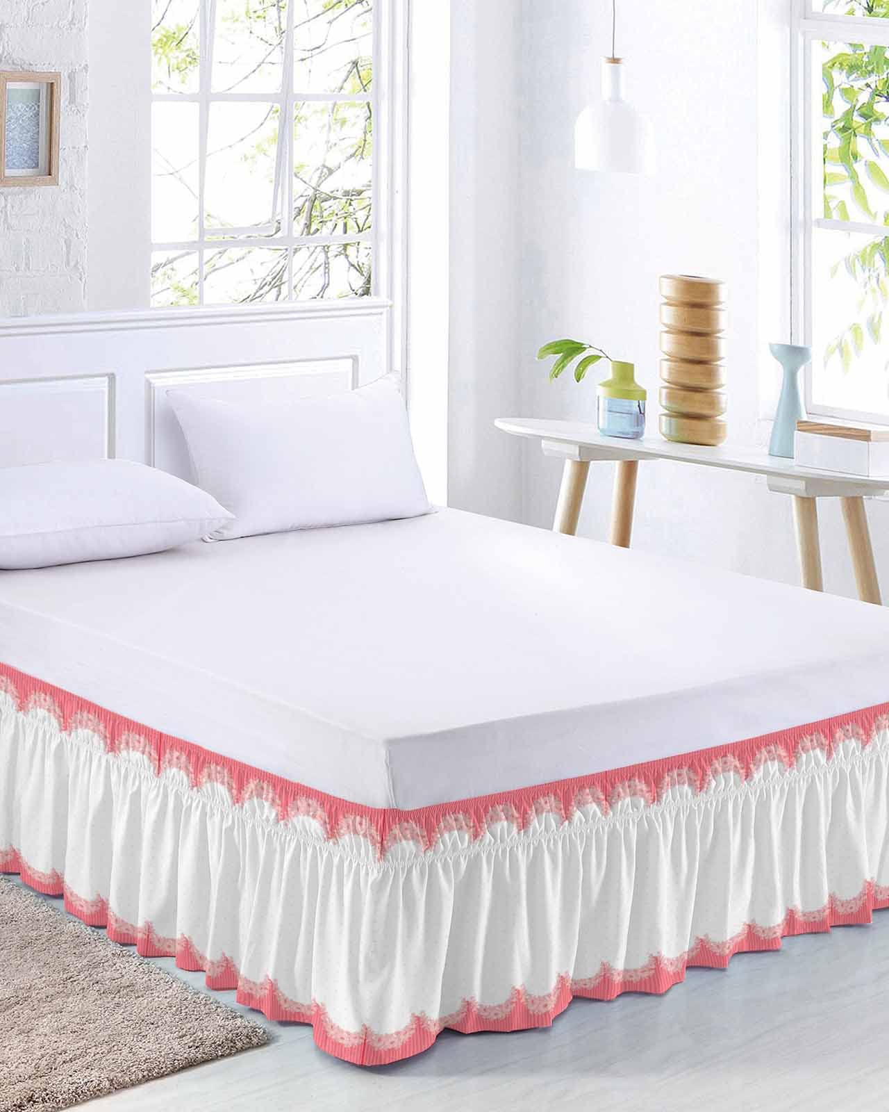 Happy Mother's Day Bed Skirt Queen Size 18 Inch Drop,Adjustable & Elastic Wrap Around Bed Skirts Pleated Luxury Dust Ruffles for Twin Full Queen Cal King Bed,Boho Polka Dot Stripes Pink Floral Flower