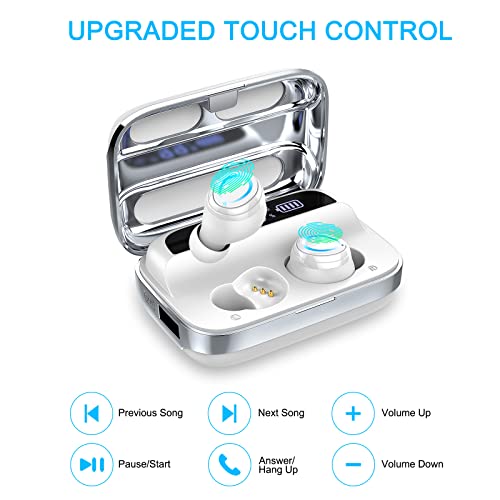 Donerton Wireless Earbud 5.1 Headphones 80 Hours Playtime Earphones with Charging Case, in Ear Headset IP7 Waterproof Earbud Noise Cancelling Microphone, LCD Display, for Working, White