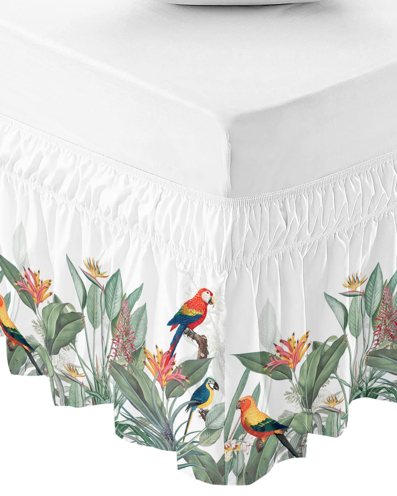 Tropical Flowers Bed Skirt Queen Size 16 Inch Drop,Adjustable Elastic Wrap Around Bed Skirts Pleated Luxury Dust Ruffles for Twin Full Queen Cal King Bed,Palm Tree Leaves Bird Rustic Greenery Plant
