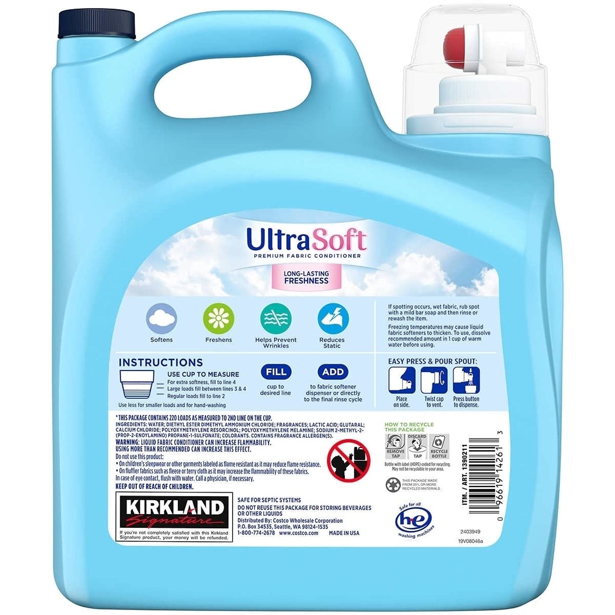 Kirkland Signature Ultra HE Liquid Fabric Softener, Fresh, 220 loads, 187 fl oz