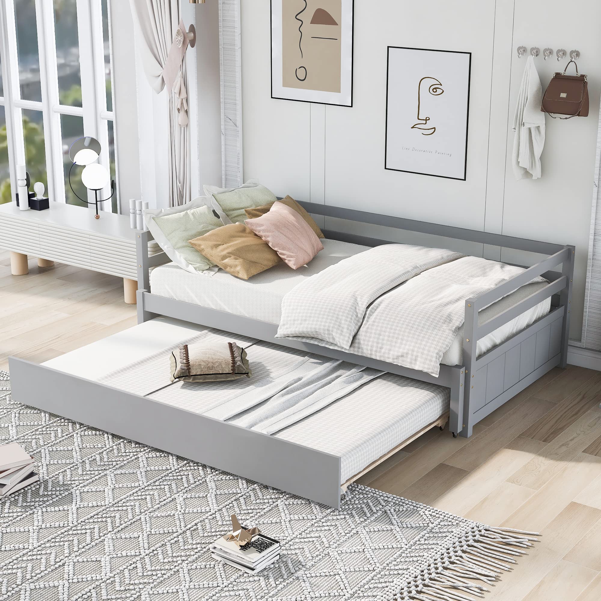 Merax Modern Extending Daybed with 2 Pop Up Trundle Beds Twin to King Wood Sofa Day Bed with Headboard No Box Spring Needed Grey