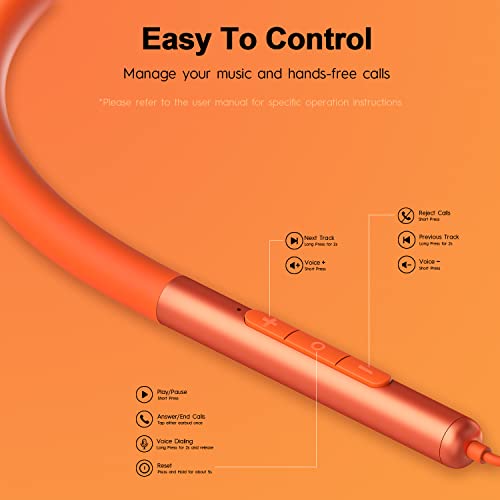 Tecno Magnetic Wireless Bluetooth Headphones, Bluetooth Earbuds Neckband with Microphone, Bluetooth 5.2 Wireless Earphones with Mic for Workout Running, Orange
