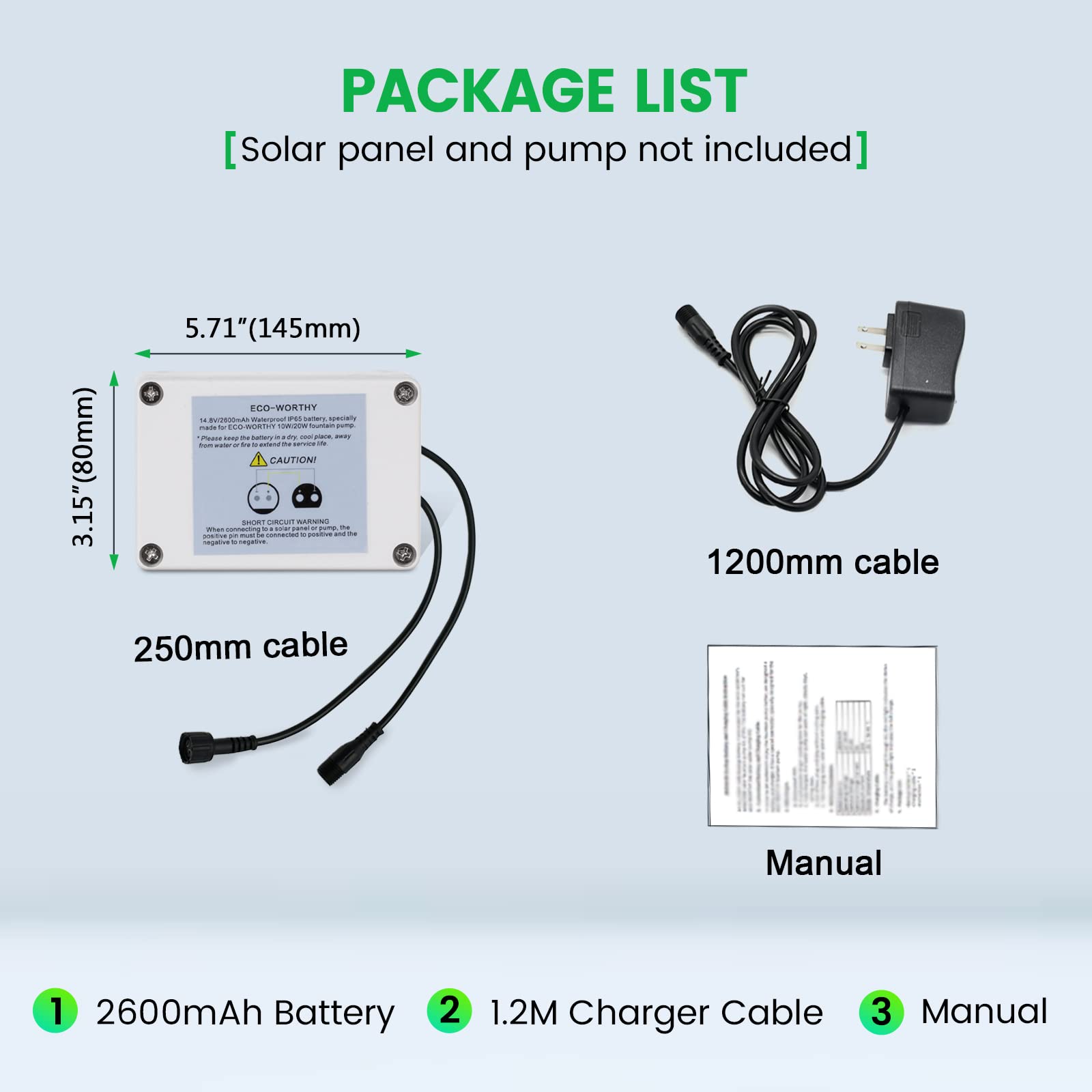 ECO-WORTHY Solar Fountain Water Pump Backup Battery 14.8V 2600mah for ECO-WORTHY 12Watt/25Watt Solar Fountain Pump Kit