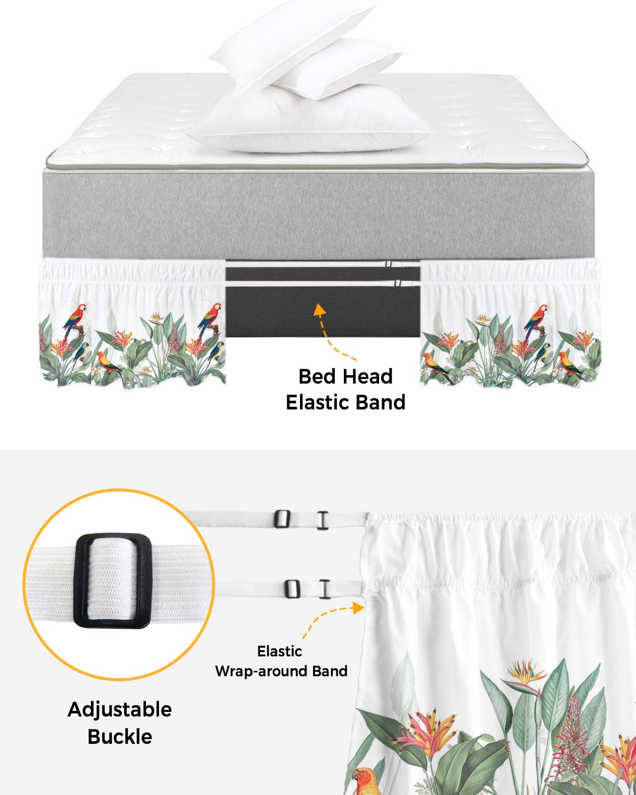 Tropical Flowers Bed Skirt Queen Size 16 Inch Drop,Adjustable Elastic Wrap Around Bed Skirts Pleated Luxury Dust Ruffles for Twin Full Queen Cal King Bed,Palm Tree Leaves Bird Rustic Greenery Plant