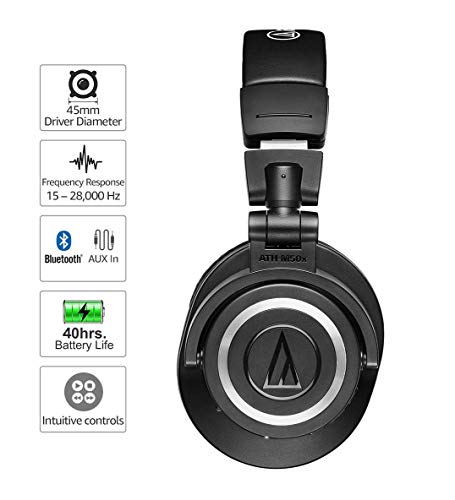 Audio-Technica ATHM50XBT Wireless Bluetooth Over-Ear Headphones, Black
