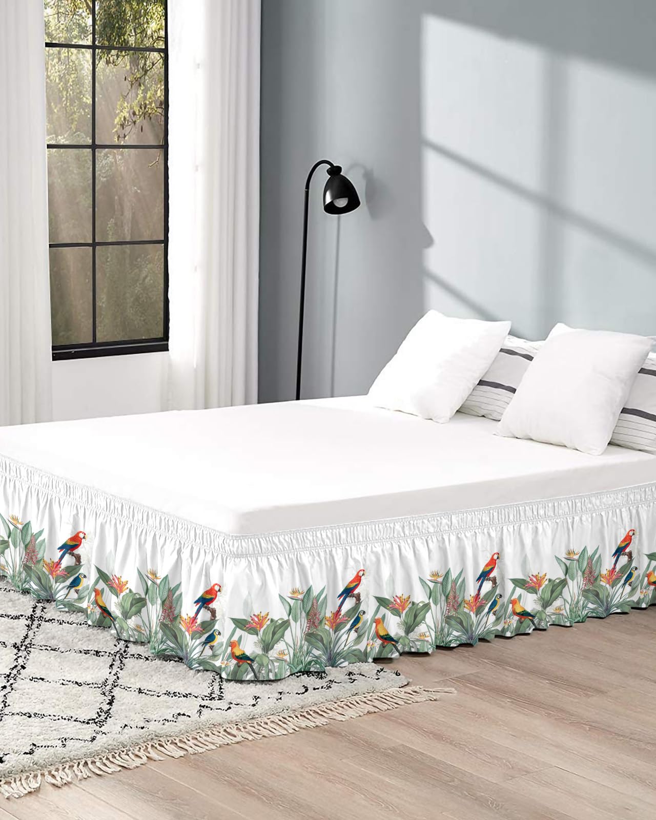 Tropical Flowers Bed Skirt Queen Size 16 Inch Drop,Adjustable Elastic Wrap Around Bed Skirts Pleated Luxury Dust Ruffles for Twin Full Queen Cal King Bed,Palm Tree Leaves Bird Rustic Greenery Plant