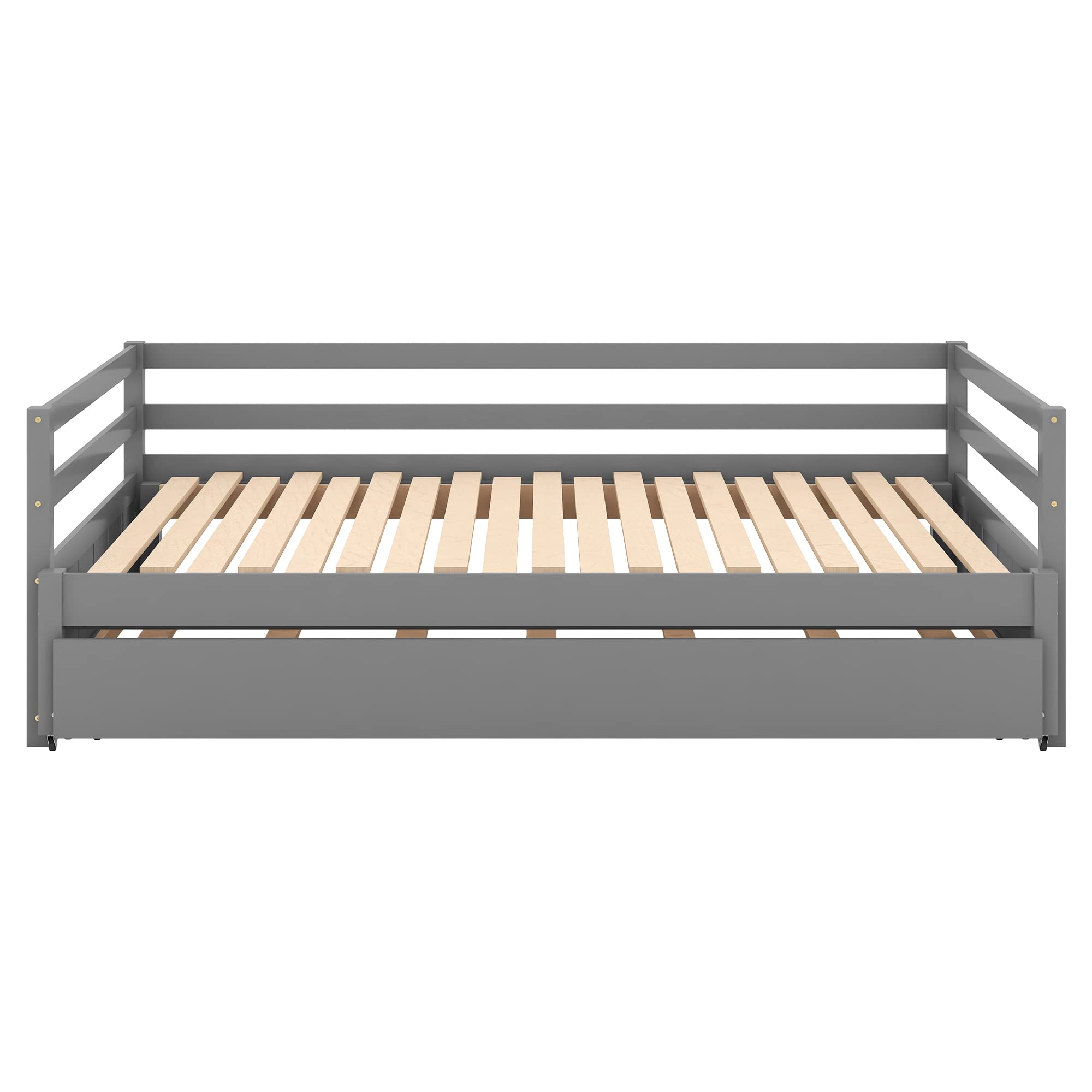 Merax Modern Extending Daybed with 2 Pop Up Trundle Beds Twin to King Wood Sofa Day Bed with Headboard No Box Spring Needed Grey