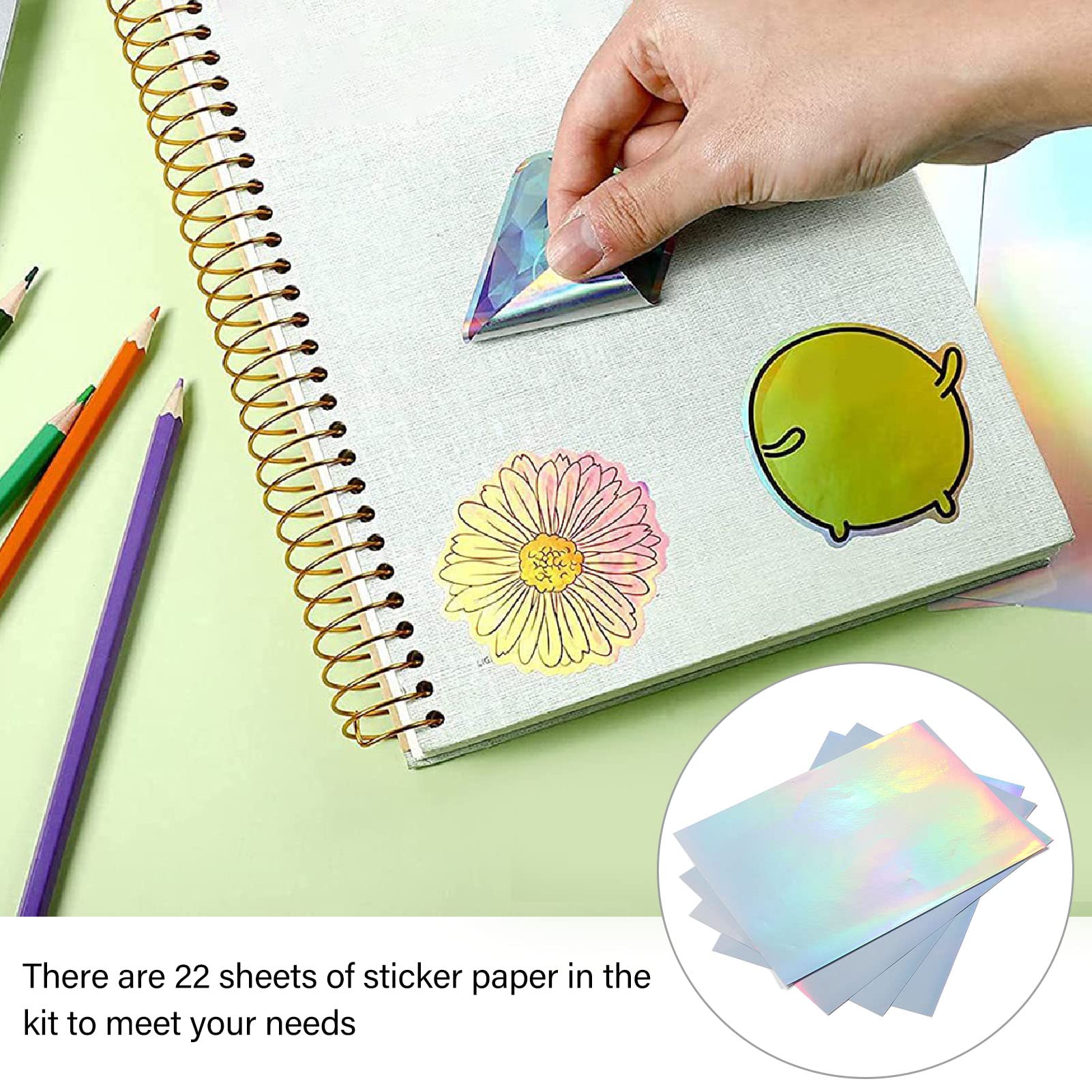 22 Sheets A4 Inkjet Adhesive Printing Paper Printable Holographic Sticker Paper Waterproof Dry Scratch Resistant Inkjet Laser Printer Holographic Stick Adhesive Paper