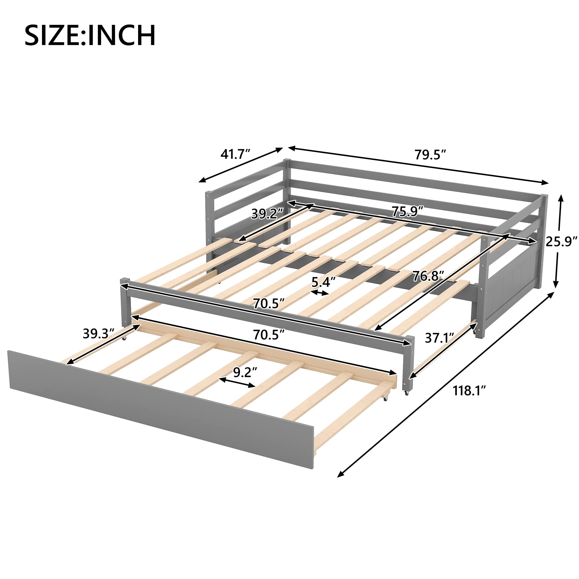 Merax Modern Extending Daybed with 2 Pop Up Trundle Beds Twin to King Wood Sofa Day Bed with Headboard No Box Spring Needed Grey