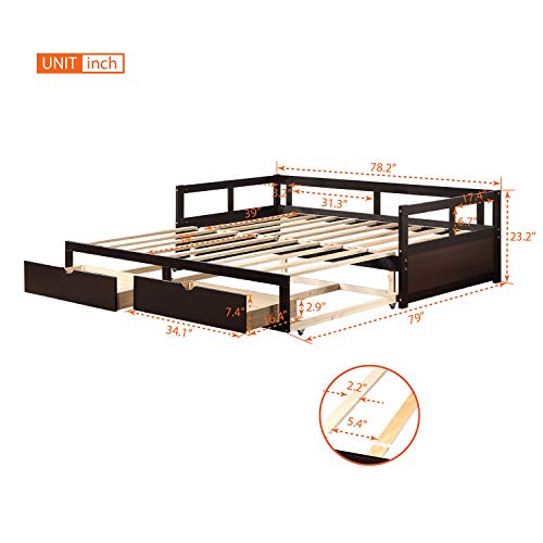 Extendable Daybed with Trundle, Twin to King Bed Frame, Modern Extending Bed with 2 Storage Drawers, Wood Slat Support Sofa Bed for Bedroom Living Room Guest, No Spring Box Needed (Espresso)