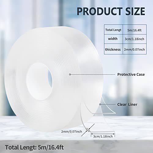 Double Sided Tape Heavy Duty, 1.18" x 16.4FT(Sufficient Size) Nano Tape Strong Adhesive Mounting Tape, Multipurpose Removable & Reusable Double Transparent Tape for Walls, Carpet Home Decoration