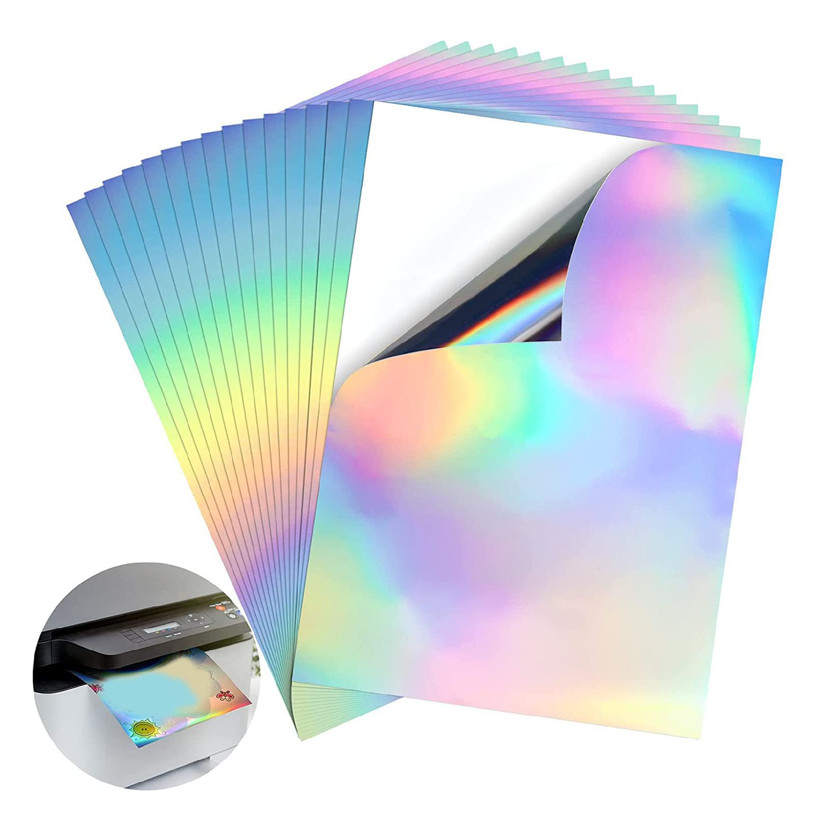 22 Sheets A4 Inkjet Adhesive Printing Paper Printable Holographic Sticker Paper Waterproof Dry Scratch Resistant Inkjet Laser Printer Holographic Stick Adhesive Paper
