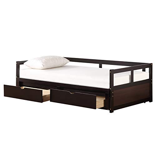 Extendable Daybed with Trundle, Twin to King Bed Frame, Modern Extending Bed with 2 Storage Drawers, Wood Slat Support Sofa Bed for Bedroom Living Room Guest, No Spring Box Needed (Espresso)