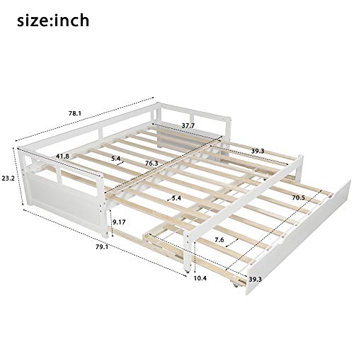 RUNWON Twin to King Extendable Daybed with Trundle,Wooden Platform Bed Furniture for Bedroom