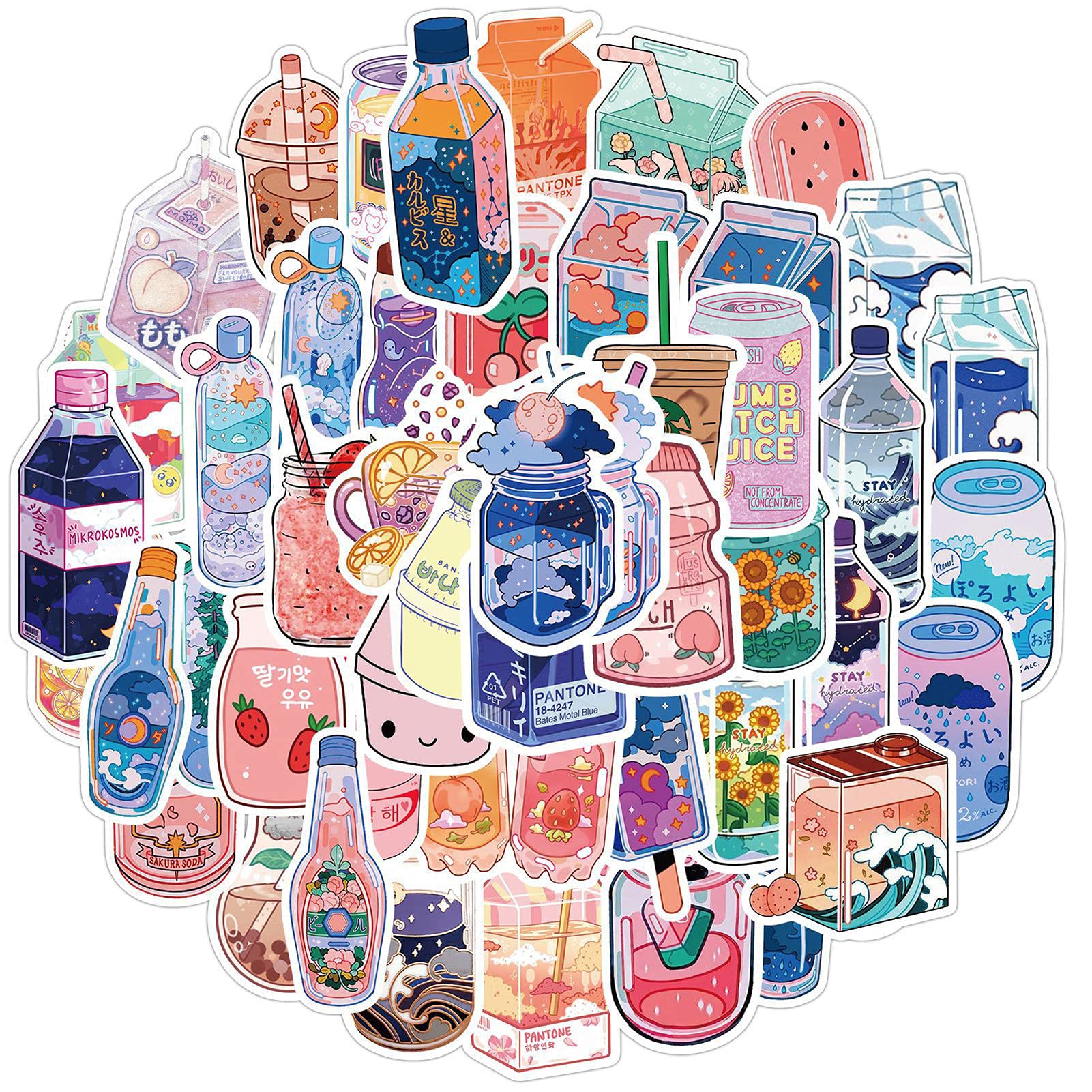prettDliJUN Decorative Wall Art, 50PcsBag Beverage Stickers Water-Proof Cute Pink Blue PVC Vinyl Sticker, 2