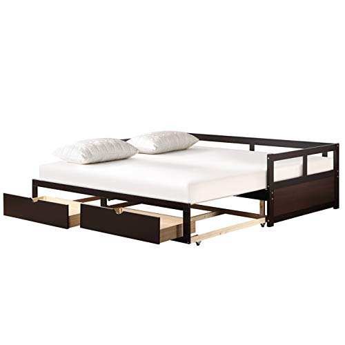 Extendable Daybed with Trundle, Twin to King Bed Frame, Modern Extending Bed with 2 Storage Drawers, Wood Slat Support Sofa Bed for Bedroom Living Room Guest, No Spring Box Needed (Espresso)