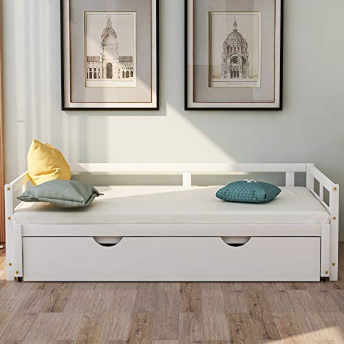 RUNWON Twin to King Extendable Daybed with Trundle,Wooden Platform Bed Furniture for Bedroom