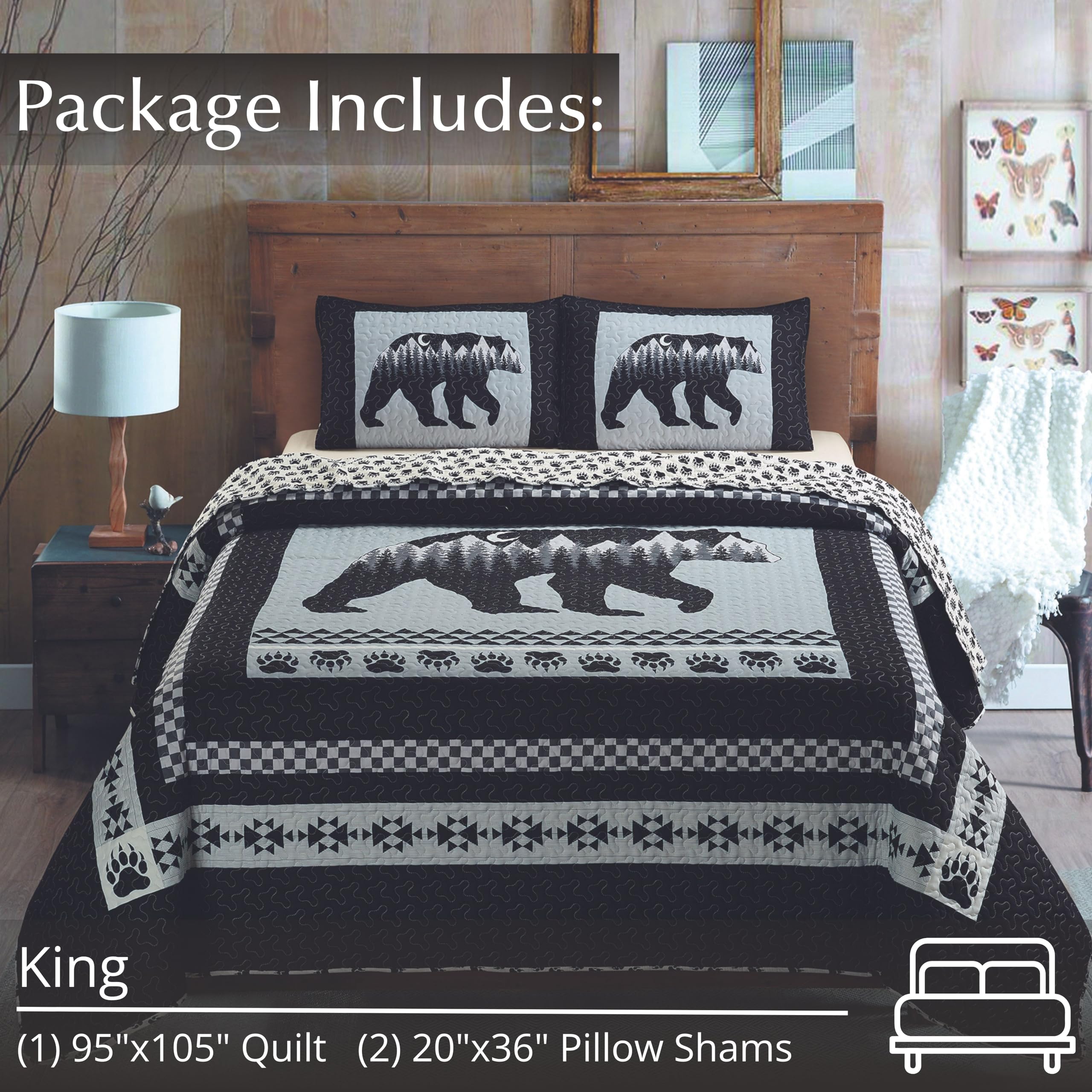 Virah Bella 3 Piece King Lodge Quilt Bedding Set - Moon Bear - Rustic Cabin Country Reversible Camping Comforter Set with Decorative Pillow Shams, Black/White