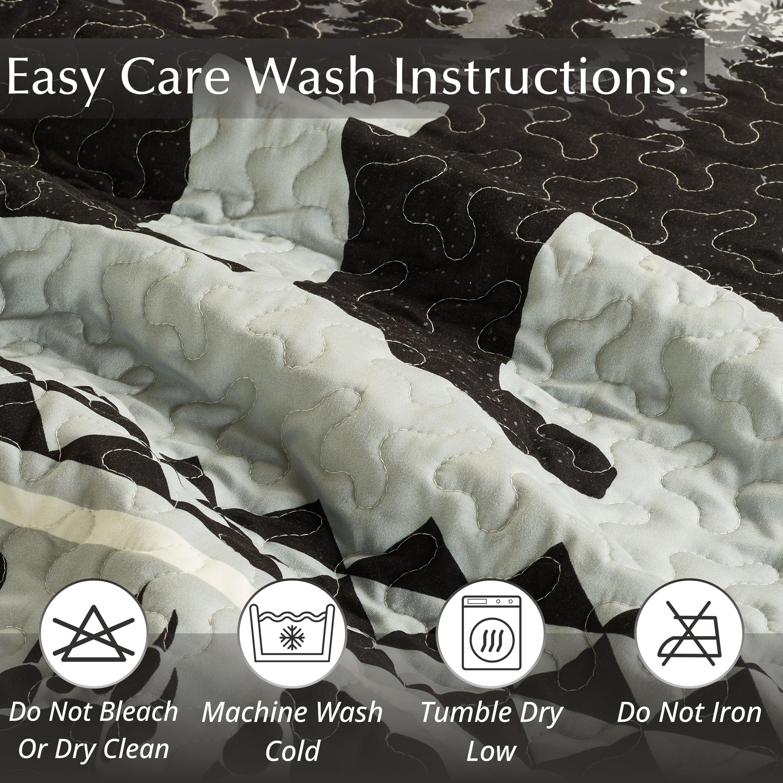 Virah Bella 3 Piece King Lodge Quilt Bedding Set - Moon Bear - Rustic Cabin Country Reversible Camping Comforter Set with Decorative Pillow Shams, Black/White