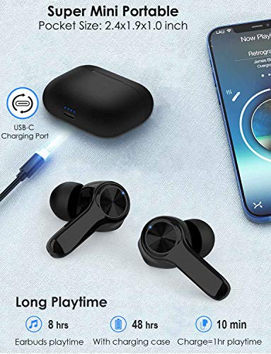XLEADER Touch Wireless Earbuds, ENC Bluetooth Earphones, SoundAngel Pro Deep Bass up Small Headphones with Microphone and Mini Smart Charging Case USB-C Quick Charge IPX8 Waterproof, for iPhone Work