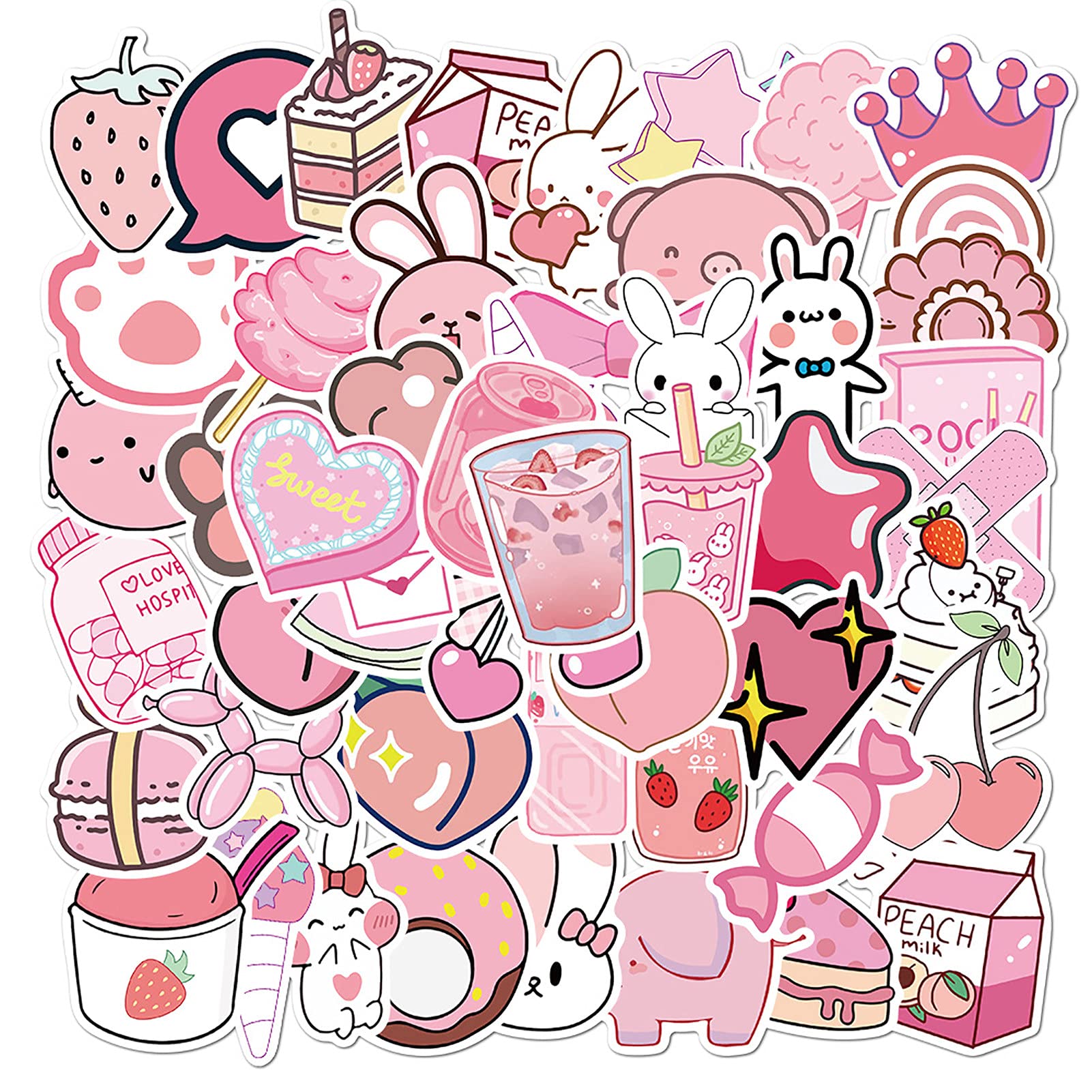 prettDliJUN Decorative Wall Art, 50PcsBag Beverage Stickers Water-Proof Cute Pink Blue PVC Vinyl Sticker, 2