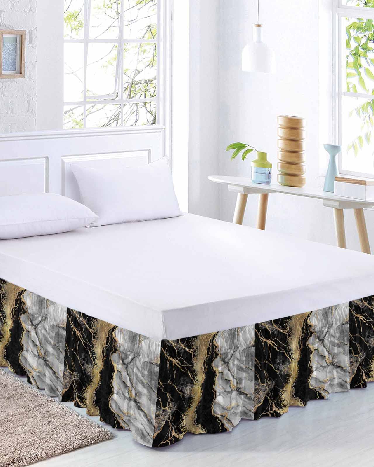 Marble Black Bed Skirt Cal King Size 18 Inch Drop, Adjustable & Elastic Wrap Around Bed Skirts Pleated Luxury Dust Ruffles for Twin Full Queen Cal King Base Bed, Gold Grey Modern Abstract Marbling