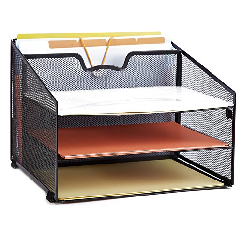 ProAid Paper Organizer Mesh Office Desktop Accessories Organizer, Desk File Organizer with 3 Paper Trays and 1 Vertical Upright Compartment, Black