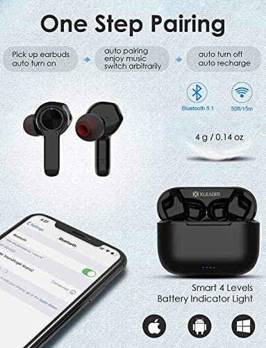 XLEADER Touch Wireless Earbuds, ENC Bluetooth Earphones, SoundAngel Pro Deep Bass up Small Headphones with Microphone and Mini Smart Charging Case USB-C Quick Charge IPX8 Waterproof, for iPhone Work