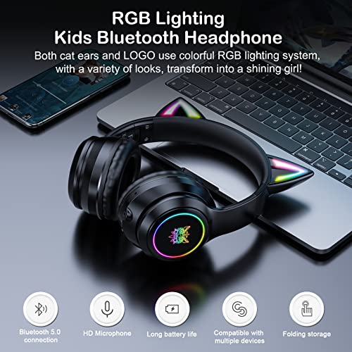 ONITOON Cat Ear Bluetooth Headphones with Micphone for Kids & Adults, LED Light Up Wireless HI-FI Sound Quality, Over-Ear Headphones with Volume Control for iPhone/iPad/Laptop/PC(55H Play Time)