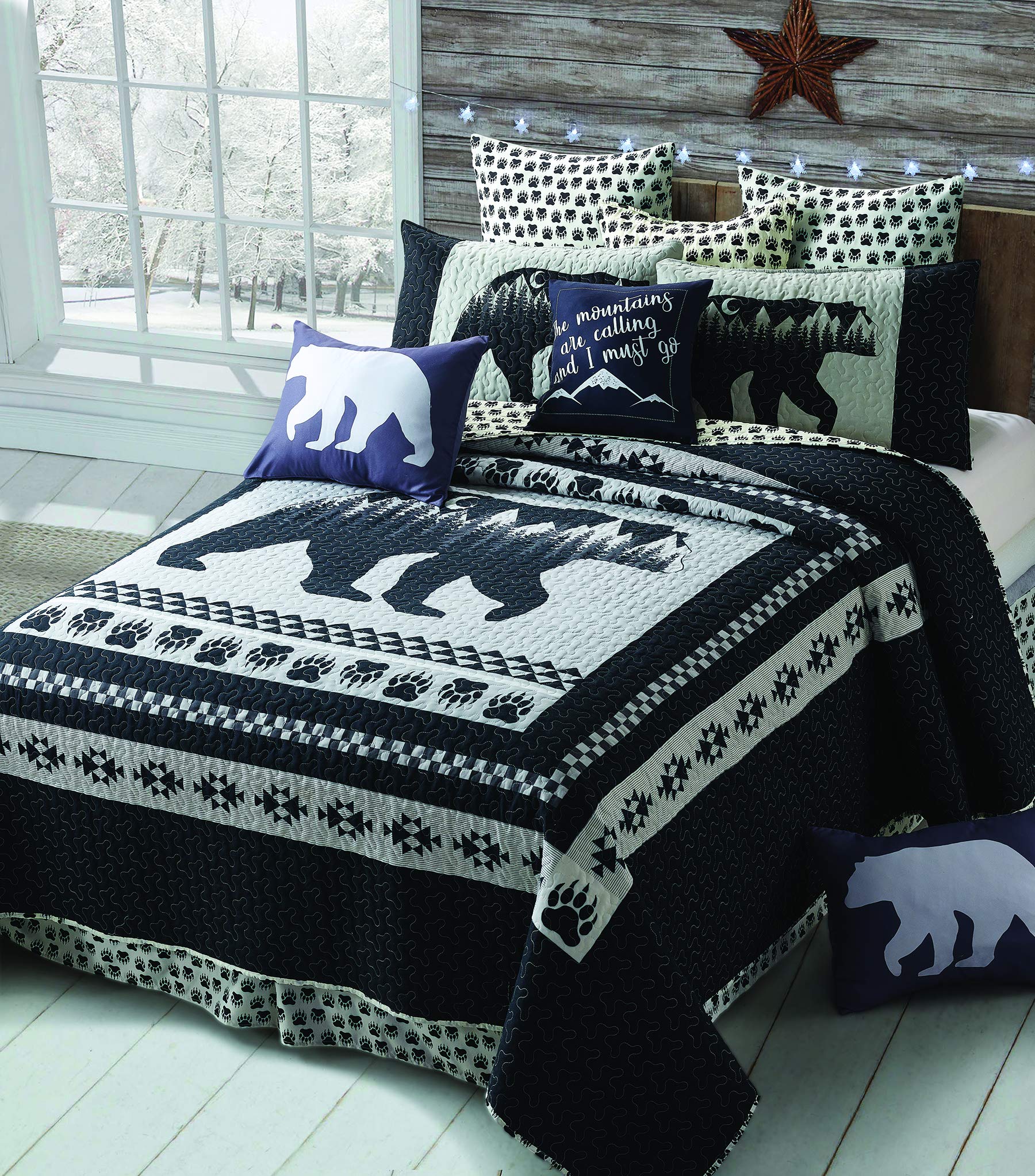 Virah Bella 3 Piece King Lodge Quilt Bedding Set - Moon Bear - Rustic Cabin Country Reversible Camping Comforter Set with Decorative Pillow Shams, Black/White