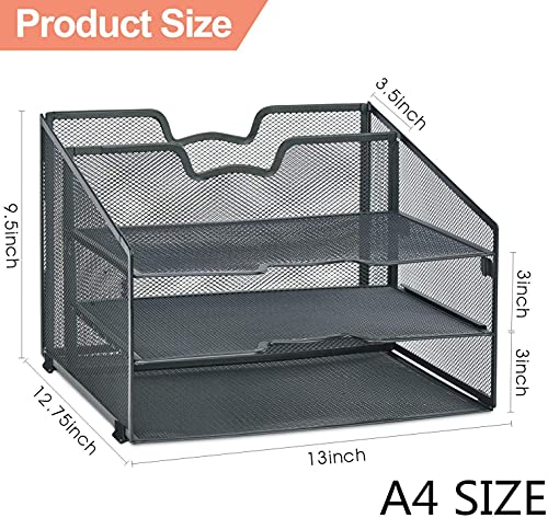 ProAid Paper Organizer Mesh Office Desktop Accessories Organizer, Desk File Organizer with 3 Paper Trays and 1 Vertical Upright Compartment, Black