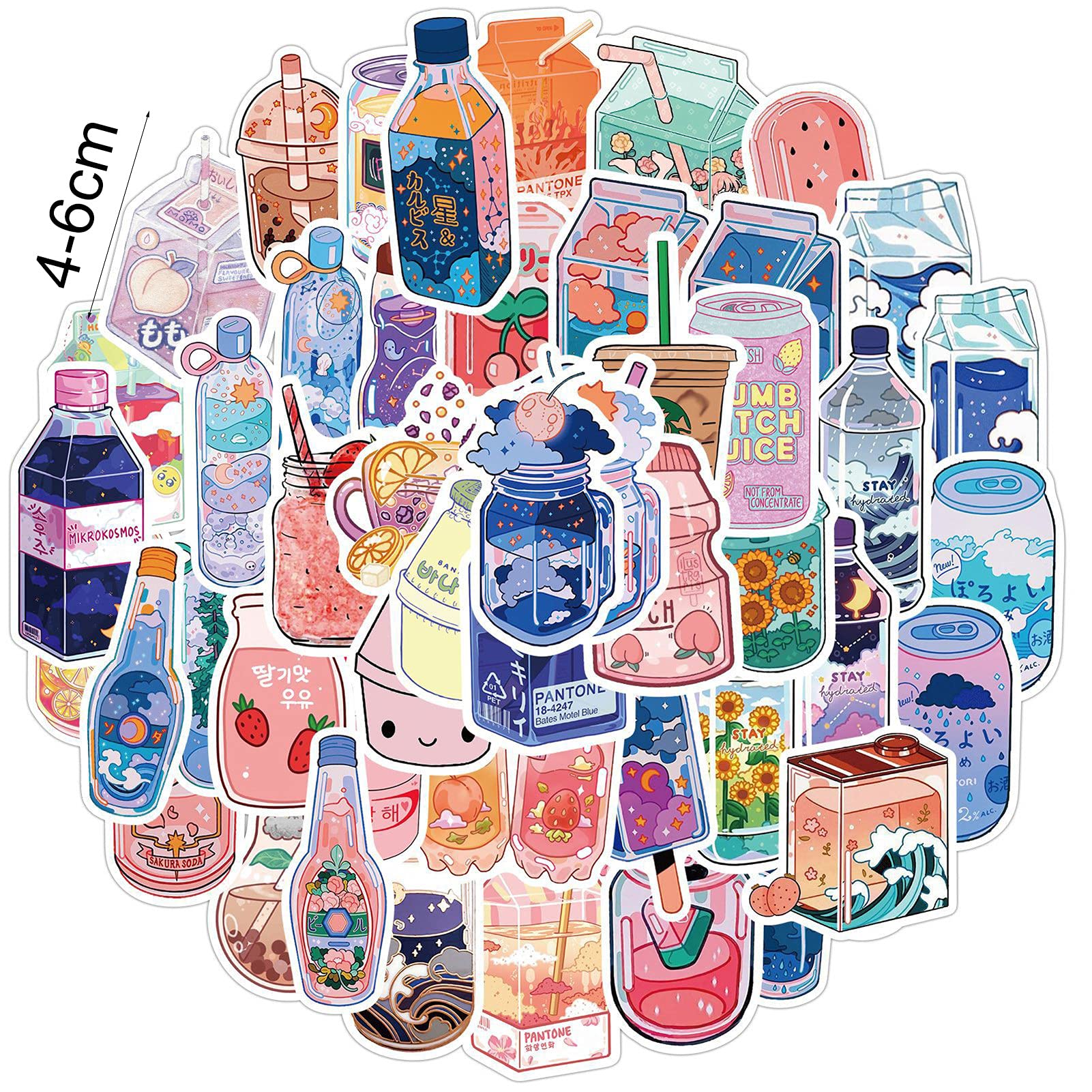 prettDliJUN Decorative Wall Art, 50PcsBag Beverage Stickers Water-Proof Cute Pink Blue PVC Vinyl Sticker, 2