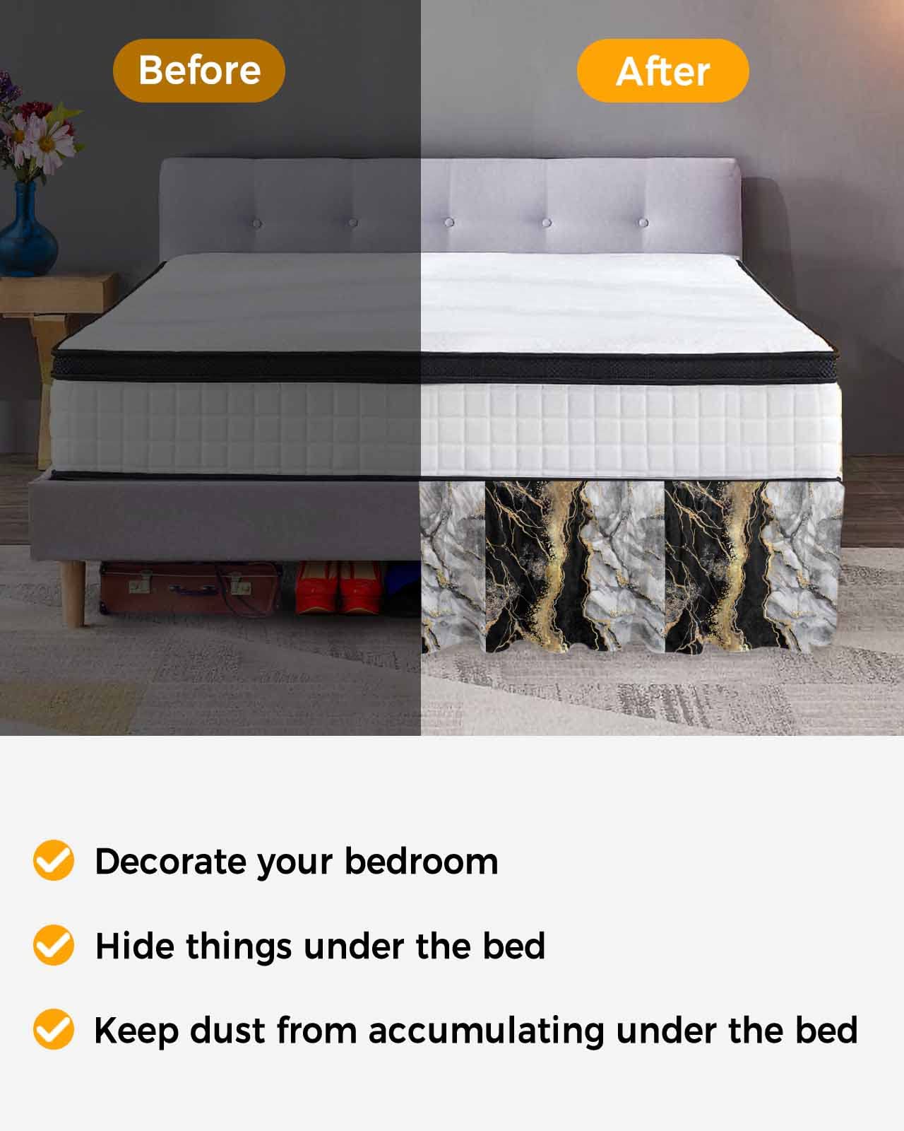 Marble Black Bed Skirt Cal King Size 18 Inch Drop, Adjustable & Elastic Wrap Around Bed Skirts Pleated Luxury Dust Ruffles for Twin Full Queen Cal King Base Bed, Gold Grey Modern Abstract Marbling