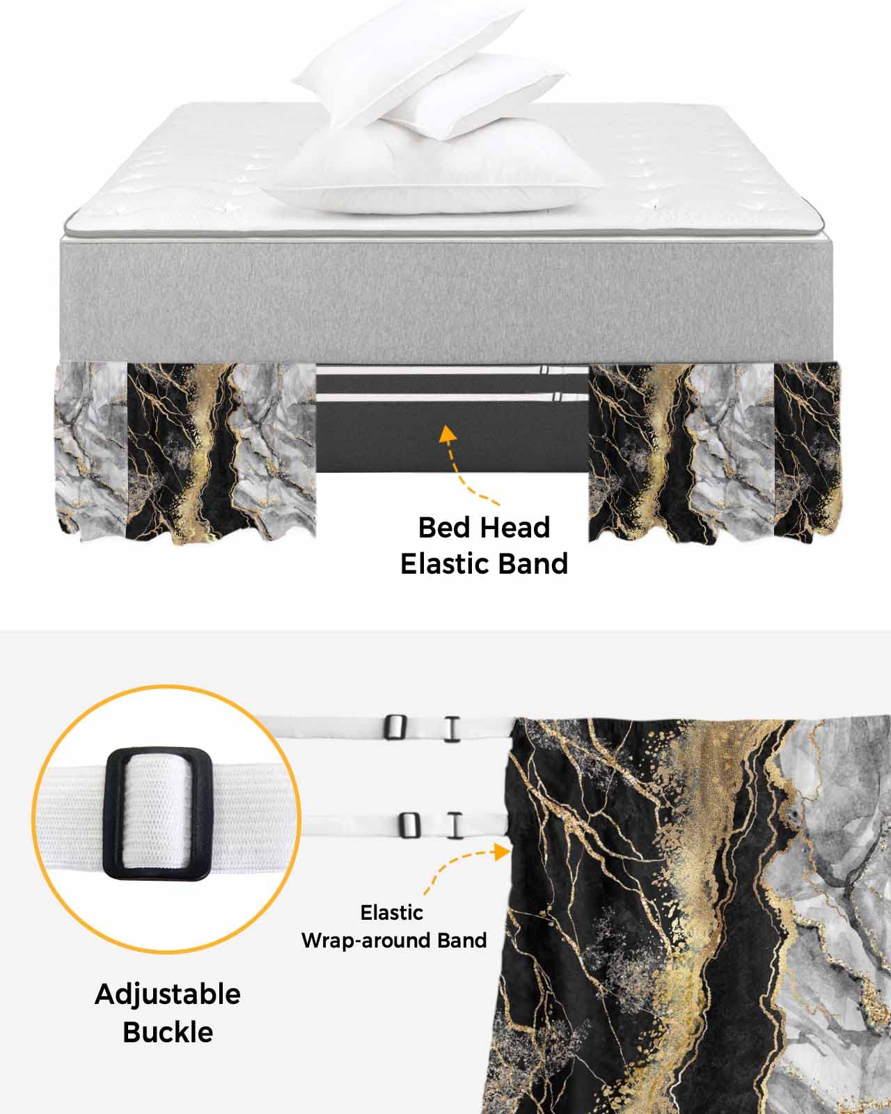 Marble Black Bed Skirt Cal King Size 18 Inch Drop, Adjustable & Elastic Wrap Around Bed Skirts Pleated Luxury Dust Ruffles for Twin Full Queen Cal King Base Bed, Gold Grey Modern Abstract Marbling