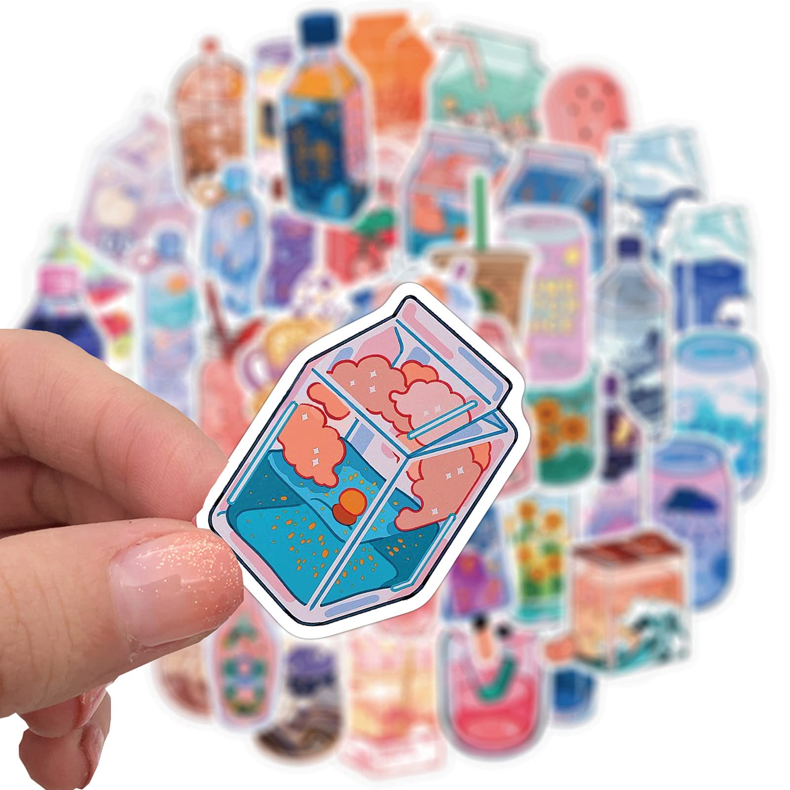 prettDliJUN Decorative Wall Art, 50PcsBag Beverage Stickers Water-Proof Cute Pink Blue PVC Vinyl Sticker, 2
