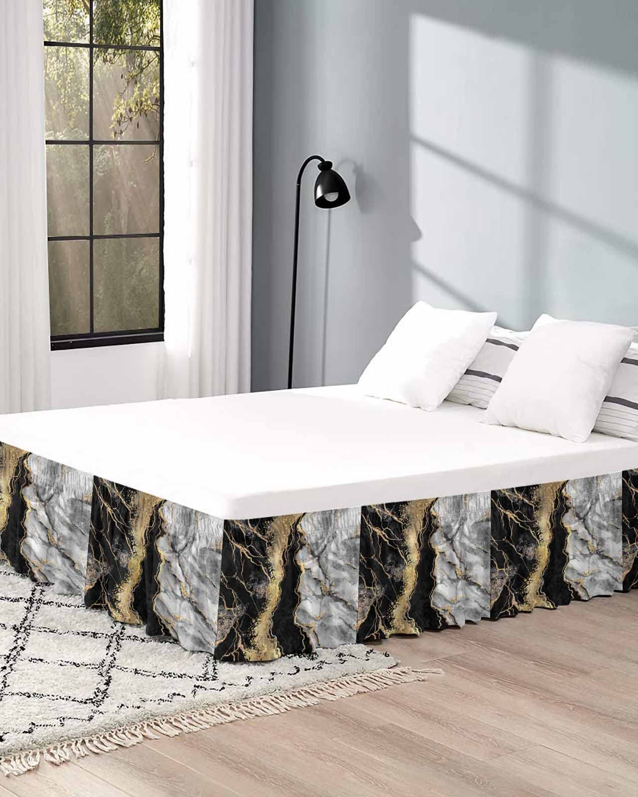 Marble Black Bed Skirt Cal King Size 18 Inch Drop, Adjustable & Elastic Wrap Around Bed Skirts Pleated Luxury Dust Ruffles for Twin Full Queen Cal King Base Bed, Gold Grey Modern Abstract Marbling