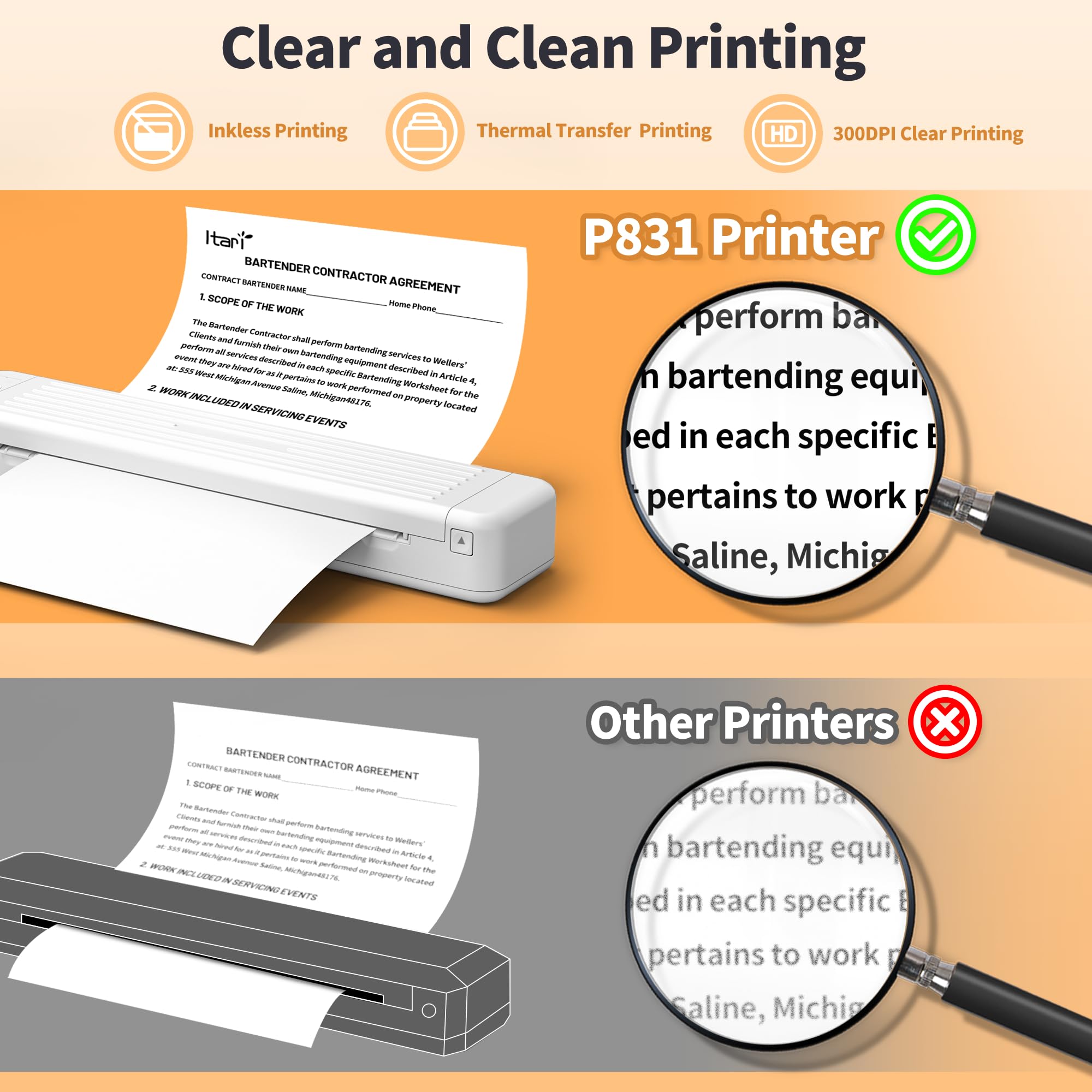 Itari P831 Portable Printers Wireless for Travel, Bluetooth Thermal Transfer Printer, Compact Inkless Printer with 200 Sheets 8.5x11 US Letter Copy Paper…