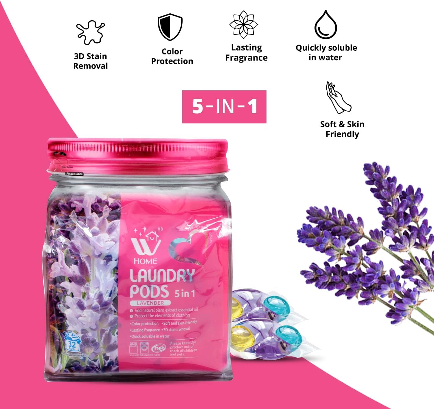 5-in-1 Laundry Pods, Total 96 Count, High Efficiency (HE), Ultra Concentrate with Powerful Stain Lifter Technology, Fabric Softener With Lavender Extracts, Detergent Pods, 32 Count/Each β Pack of 3