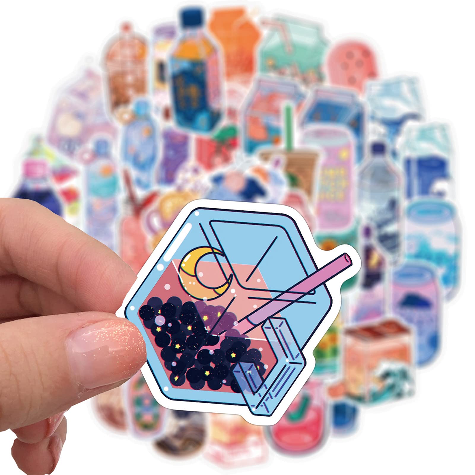 prettDliJUN Decorative Wall Art, 50PcsBag Beverage Stickers Water-Proof Cute Pink Blue PVC Vinyl Sticker, 2