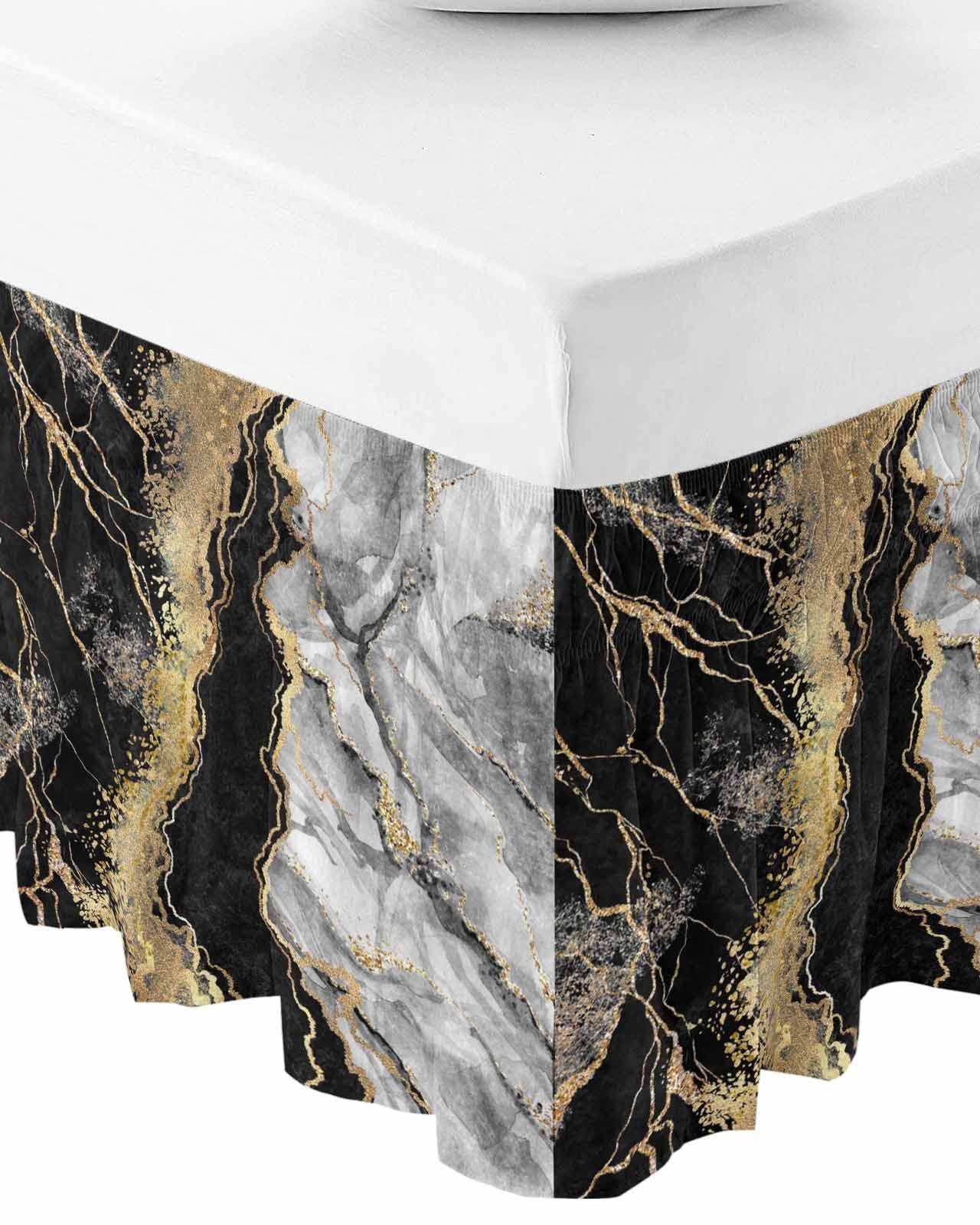Marble Black Bed Skirt Cal King Size 18 Inch Drop, Adjustable & Elastic Wrap Around Bed Skirts Pleated Luxury Dust Ruffles for Twin Full Queen Cal King Base Bed, Gold Grey Modern Abstract Marbling