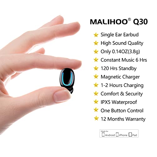 MALIHOO Mini Bluetooth Earbud Small Wireless Invisible Headphone,Single Earphone with 6 Hour Playtime for iPhone and Android Smart Phones PC TV Audiobook