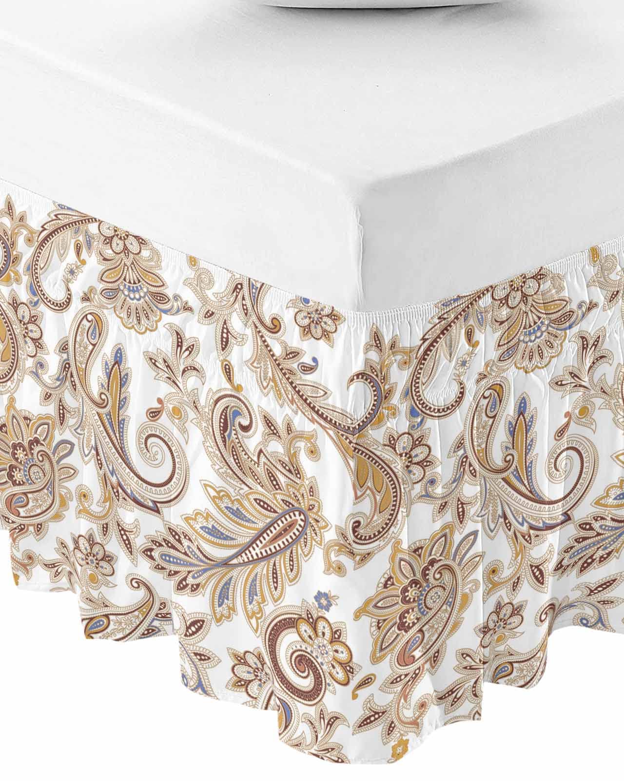 Boho Paisley Bed Skirt King Size 16 Inch Drop, Adjustable & Elastic Wrap Around Bed Skirts Pleated Luxury Dust Ruffles for Twin Full Queen Cal King Base Bed, Da-mask Floral Print Bohemian Style