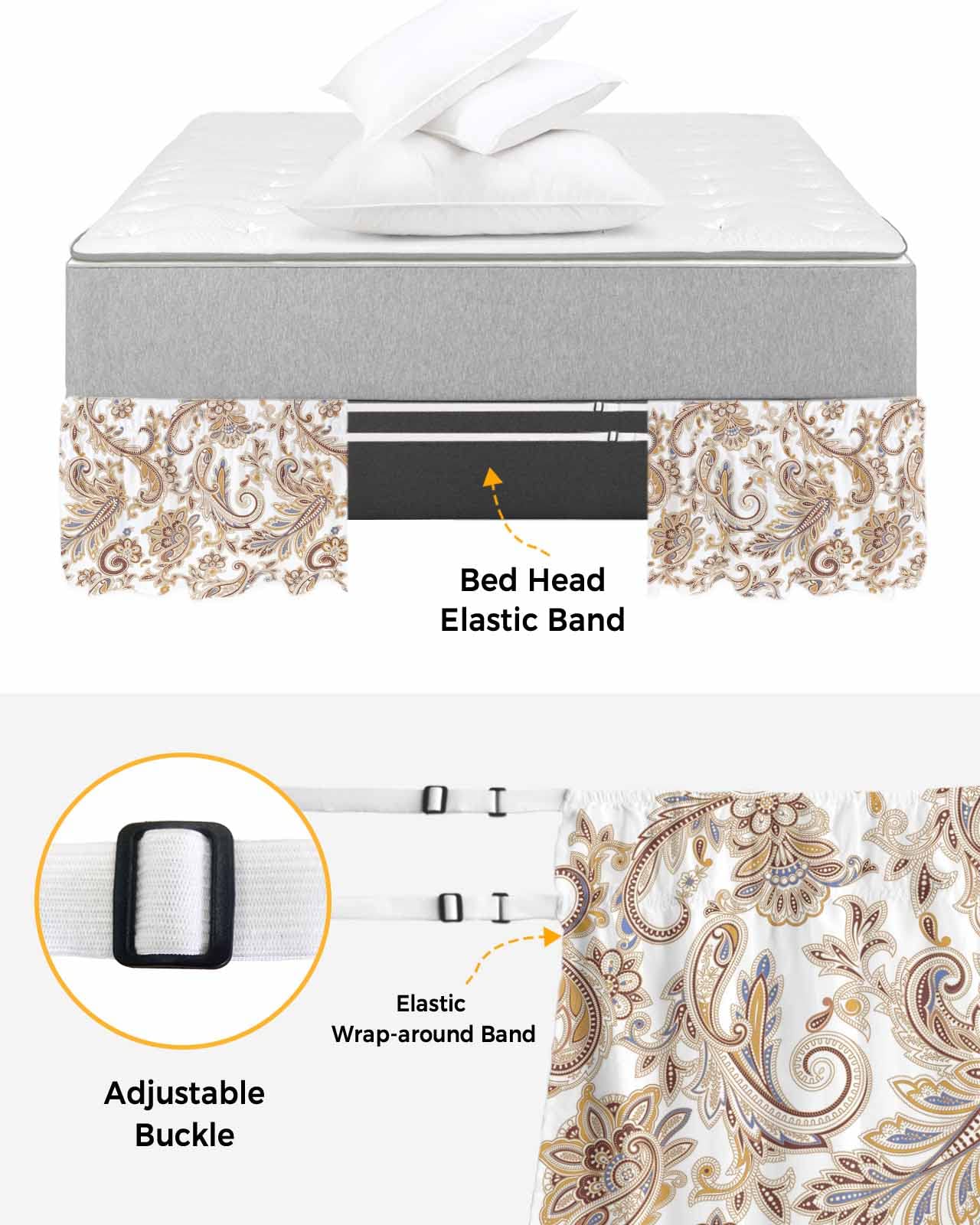 Boho Paisley Bed Skirt King Size 16 Inch Drop, Adjustable & Elastic Wrap Around Bed Skirts Pleated Luxury Dust Ruffles for Twin Full Queen Cal King Base Bed, Da-mask Floral Print Bohemian Style
