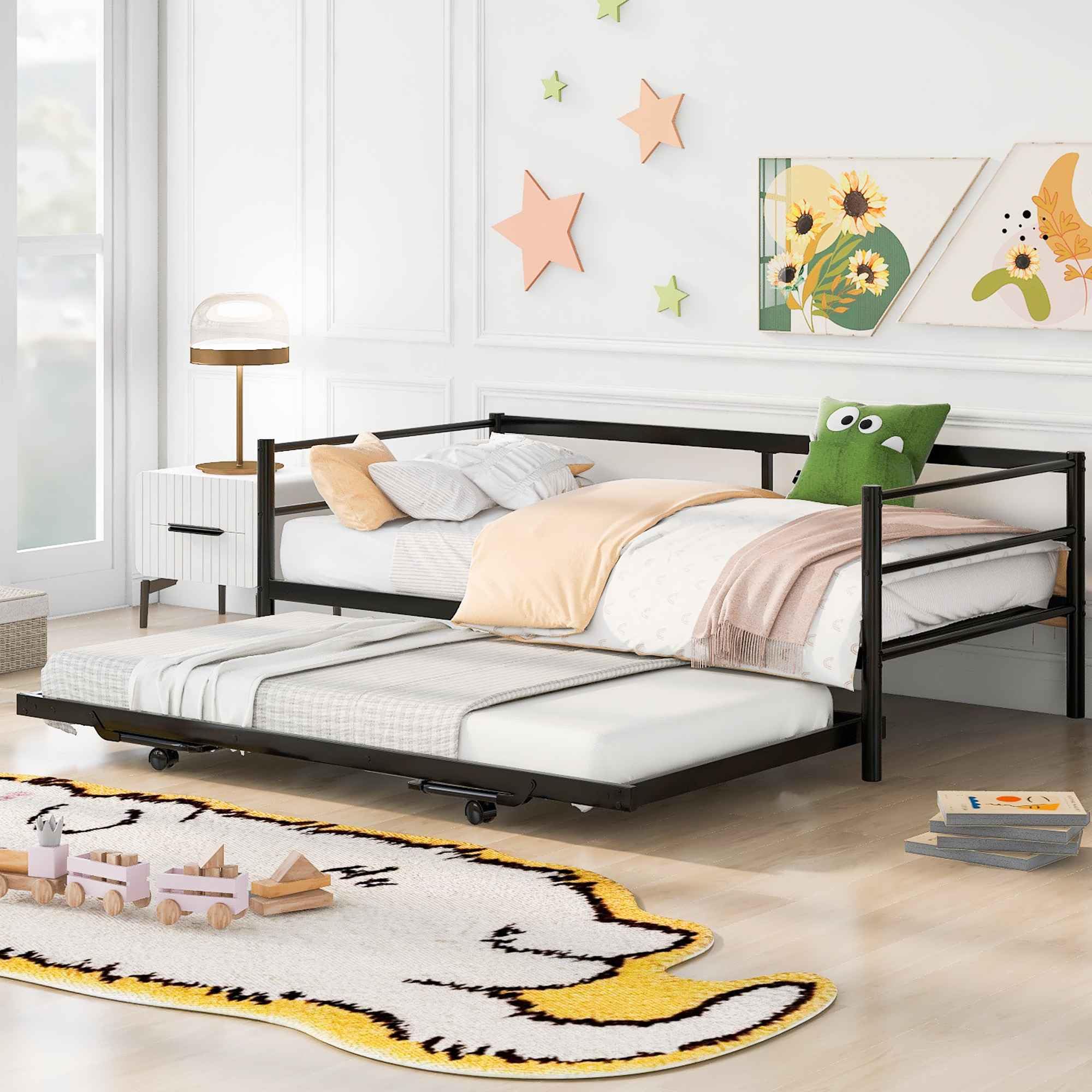ATY Twin Size Daybed with Adjustable Pop Up Trundle, Sturdy Metal Bedframe w/Safety Guardrail, Perfect for Dorm,Guest Room, Bedroom, Easy Assemble, Black